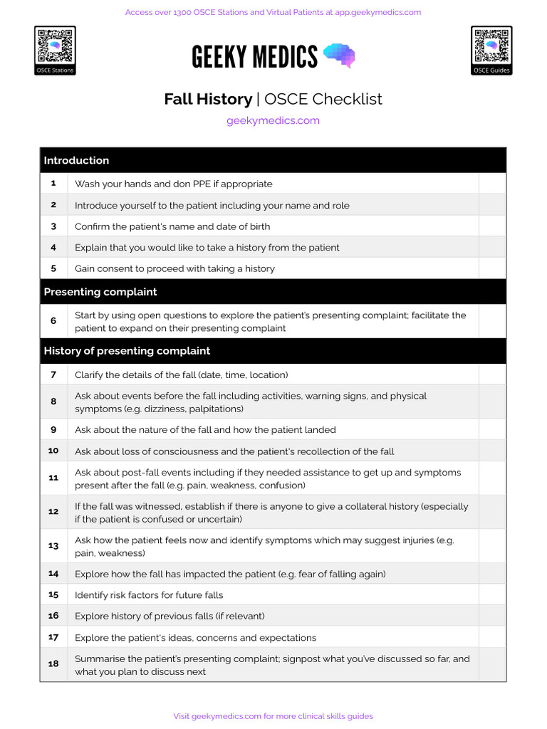 Fall History OSCE Checklist Geeky Medics | PDF | Patient | Medicine
