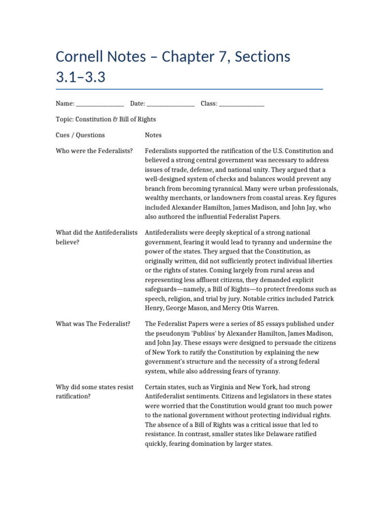 Cornell Notes Expanded Sections 3.1-3.3 | PDF | United States Bill Of ...