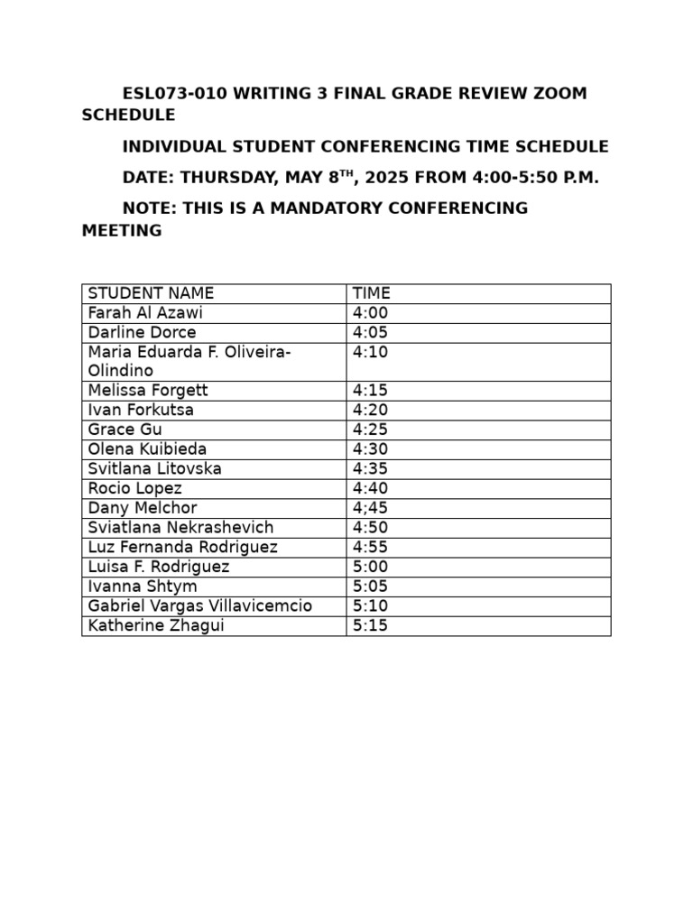 Esl073 Final Grade Student Conferencing Zoom Schedule Spring 2025 | PDF