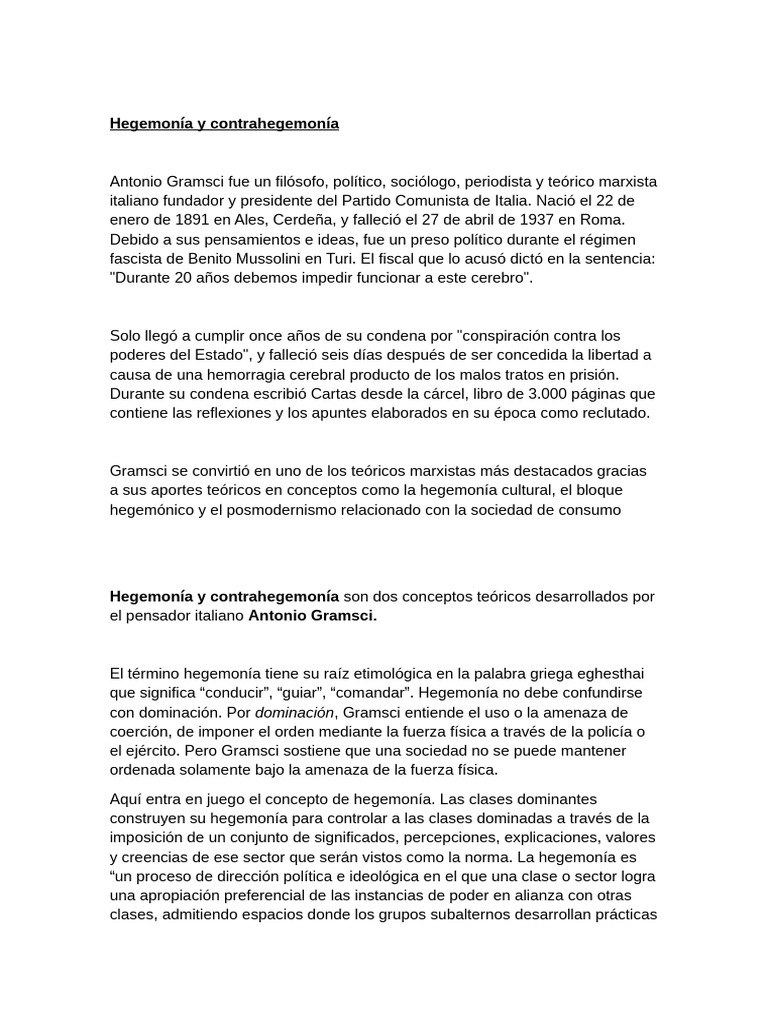 Hegemonía y Contrahegemonía | PDF | Antonio Gramsci | Hegemonía