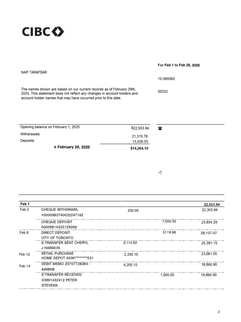 CIBC Account Statement: Feb 2025 | PDF | Fee | Cheque
