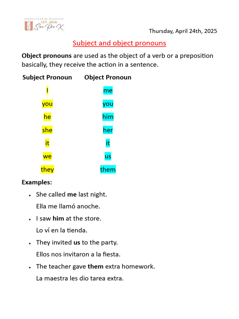 ENGLISH CLASS 3rd Grade Sec. - OBJECT PRONOUNS 24-04-25 | PDF