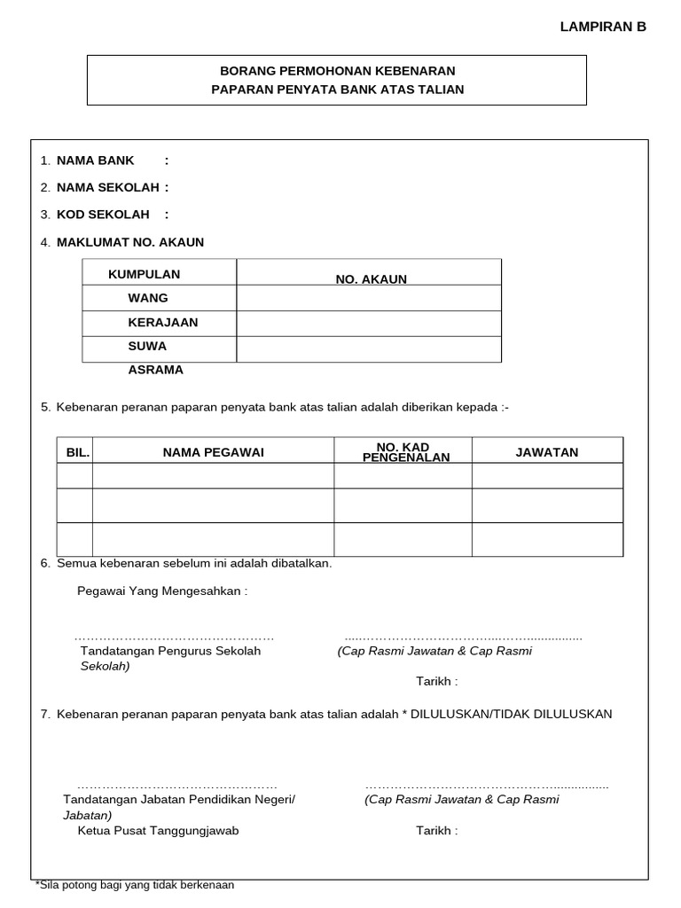 Borang Permohonan Kebenaran Penyata Bank Atas Talian Lampiran B | PDF