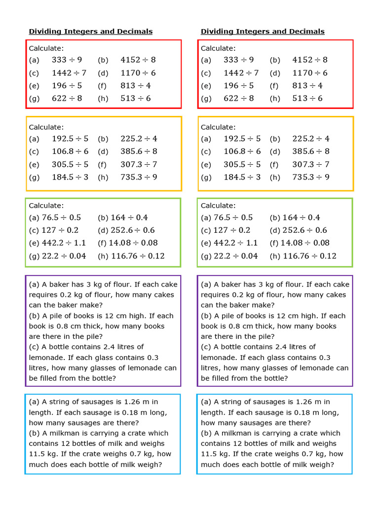 Integer and Decimal Division Exercises | PDF | Arithmetic