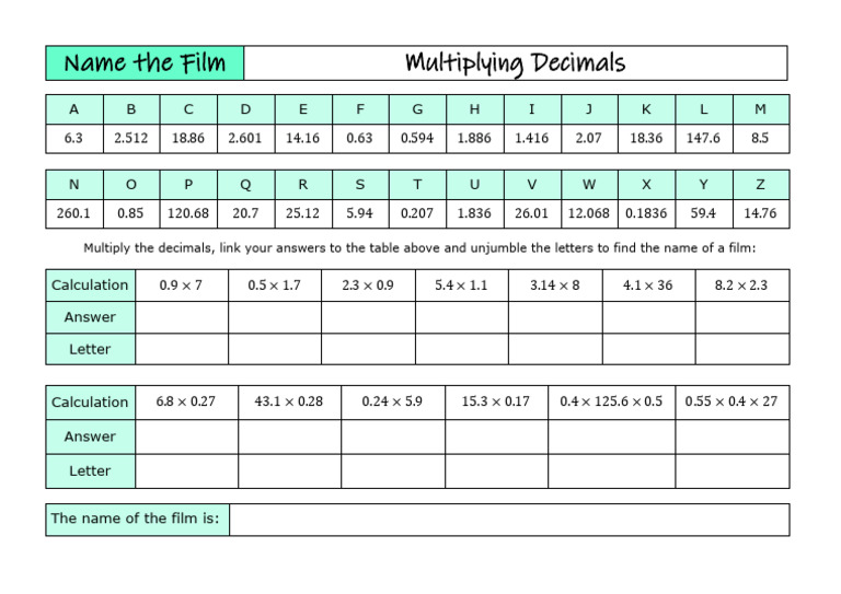 Multiplying Decimals Name the Film | PDF