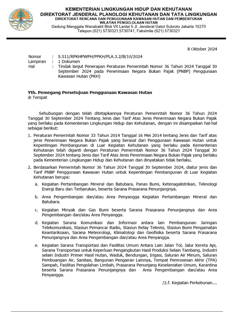 Surat Ditjen PKTL Terkait Tindak Lanjut PP Nomor 36 - 2024 | PDF
