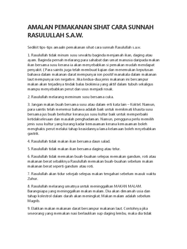 Amalan Pemakanan Sihat Cara Sunnah Rasulullah (Saw) | PDF