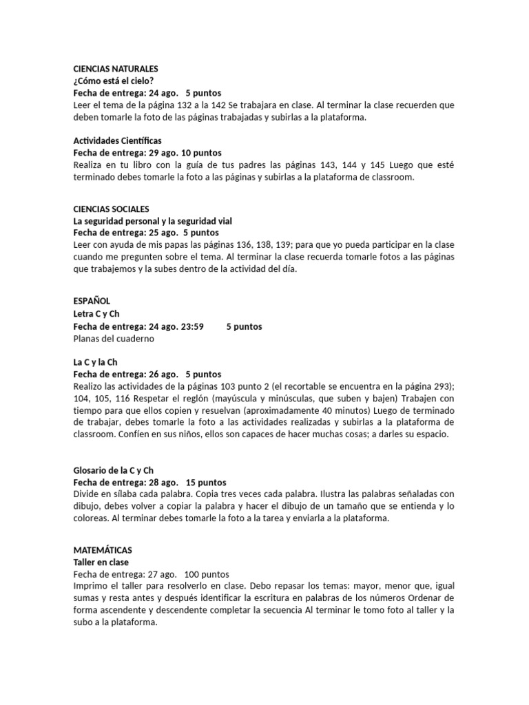 Tareas Semanal 24-28 Agosto | PDF