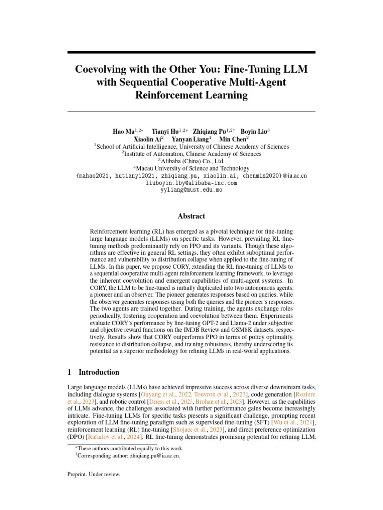 CORY: Multi-Agent RL for LLM Fine-Tuning | PDF | Learning | Cognition