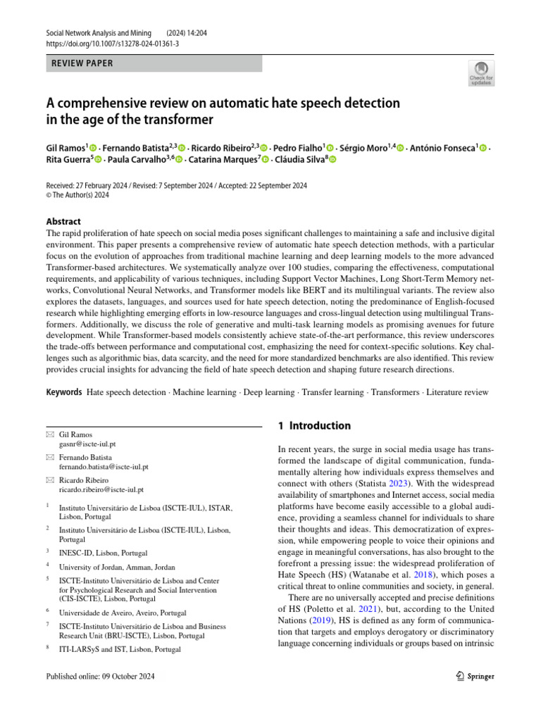 A Comprehensive Review On Automatic Hate Speech Detection in The Age of The Transformer | PDF ...