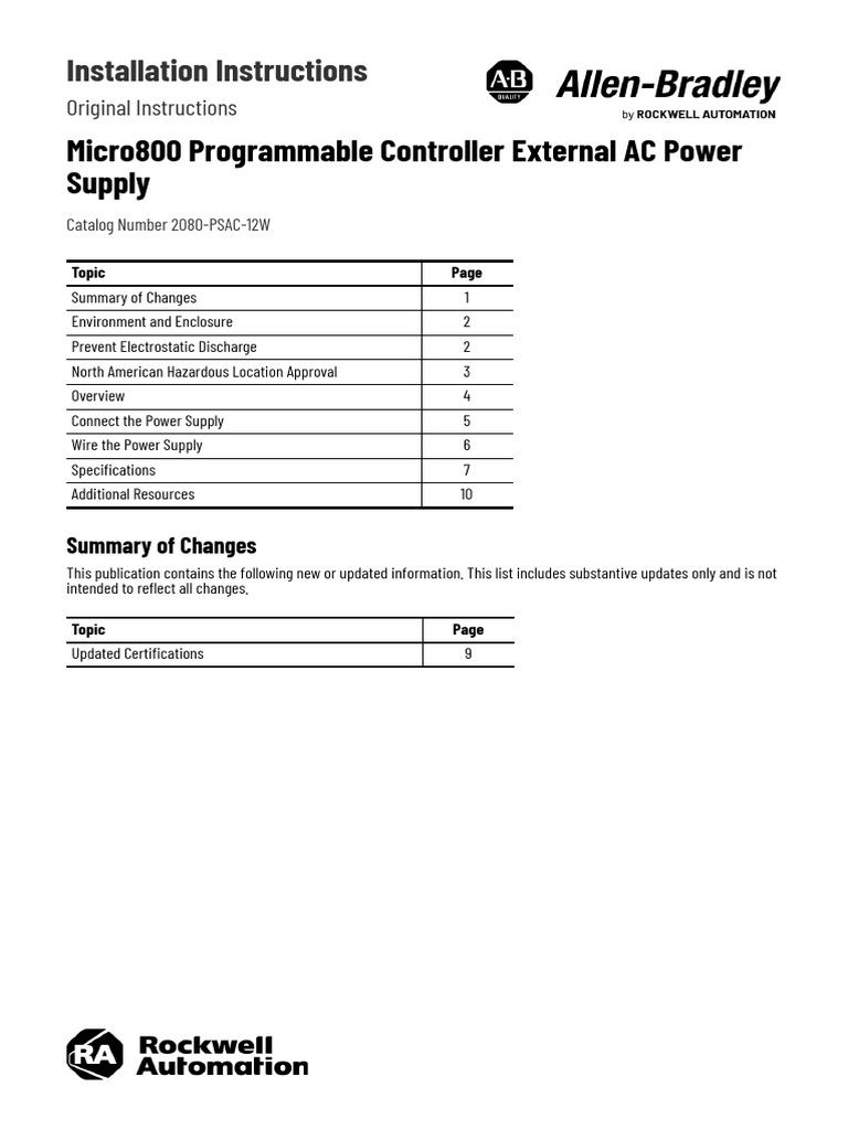 Micro800 Programmable Controller External AC Power Supply: Installation Instructions | PDF ...