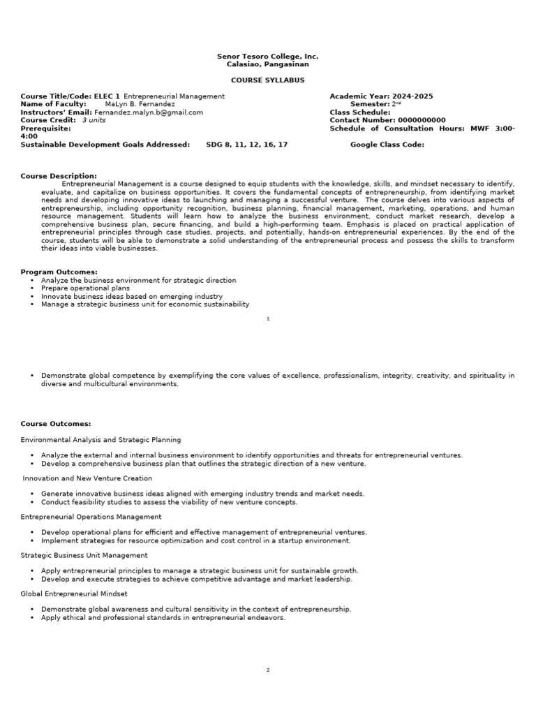 Entrep Management Syllabus 1 | PDF | Entrepreneurship | Sustainability