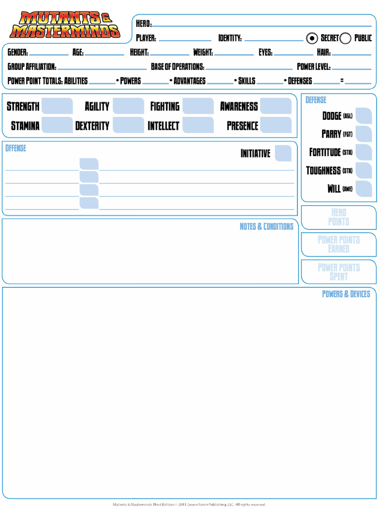 M&M Editable Character Sheet Generic | PDF