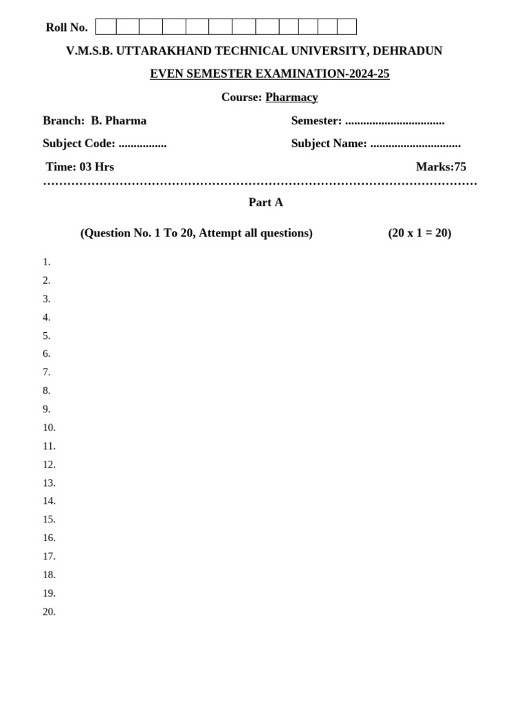 B. Pharma (BP Code) Q.P. Format | PDF