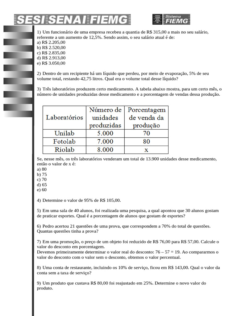 Lista de Exer Porcentagem e Regra de Tres | PDF