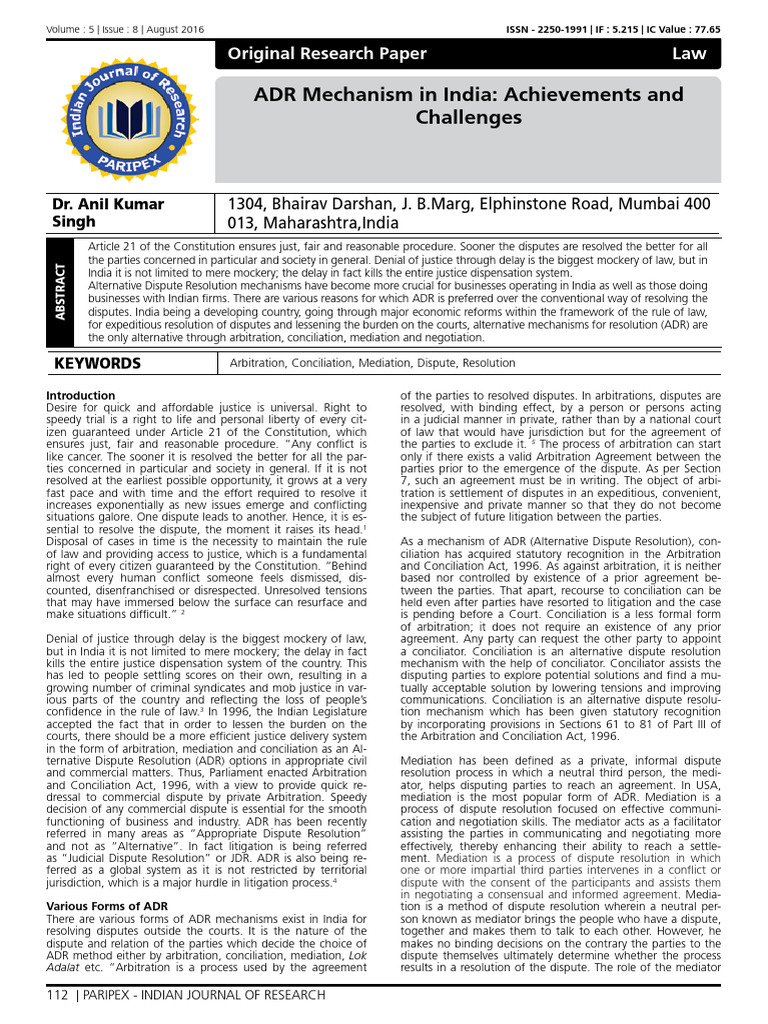 Adr Mechanism in India Achievements and Challenges - August - 2016 - 1909046205 - 6404265 | PDF ...
