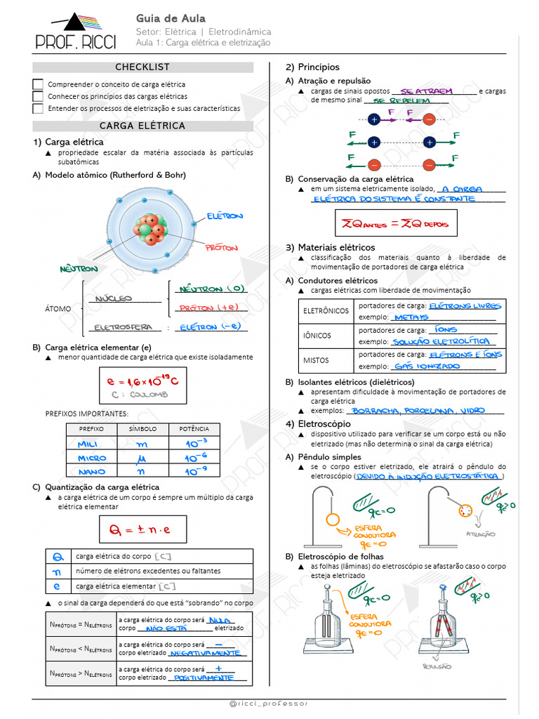 Resumo - Aula 1 (Elétrica) | PDF | Carga elétrica | Eletricidade