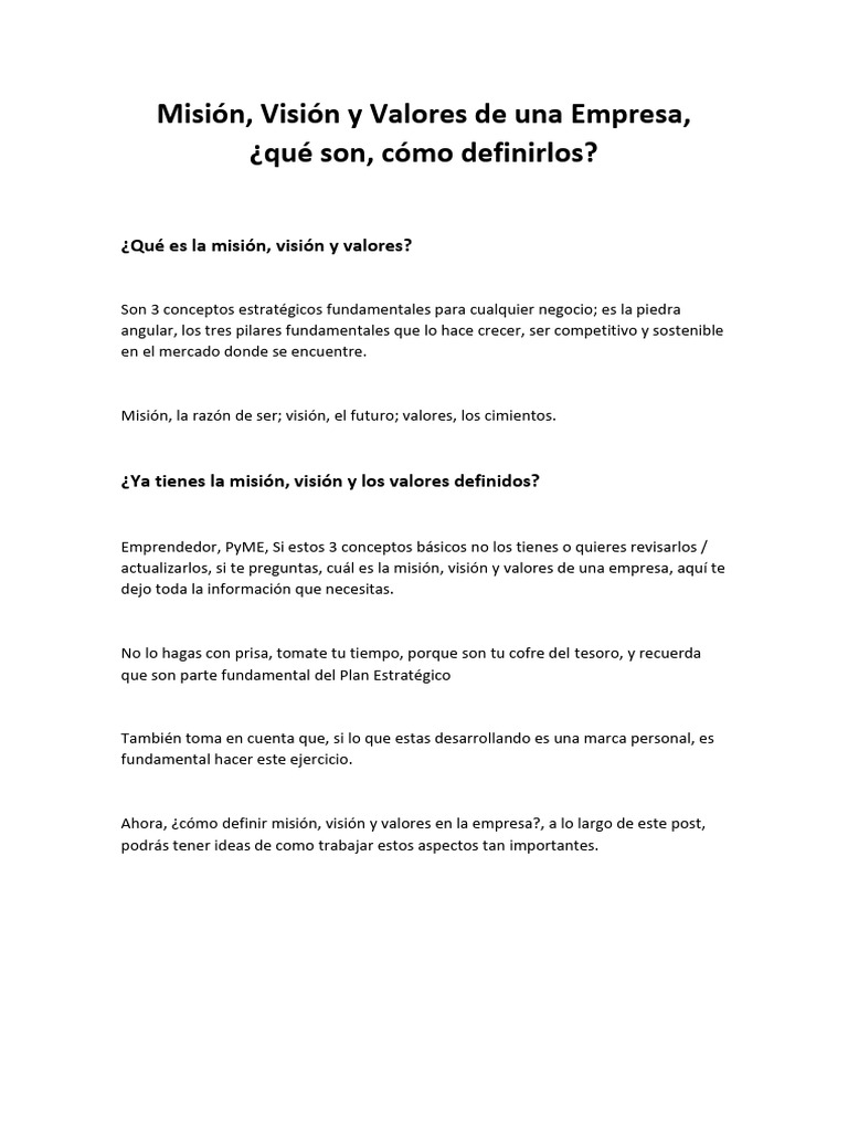 Misión, Visión y Valores Empresariales | PDF | Planificación ...