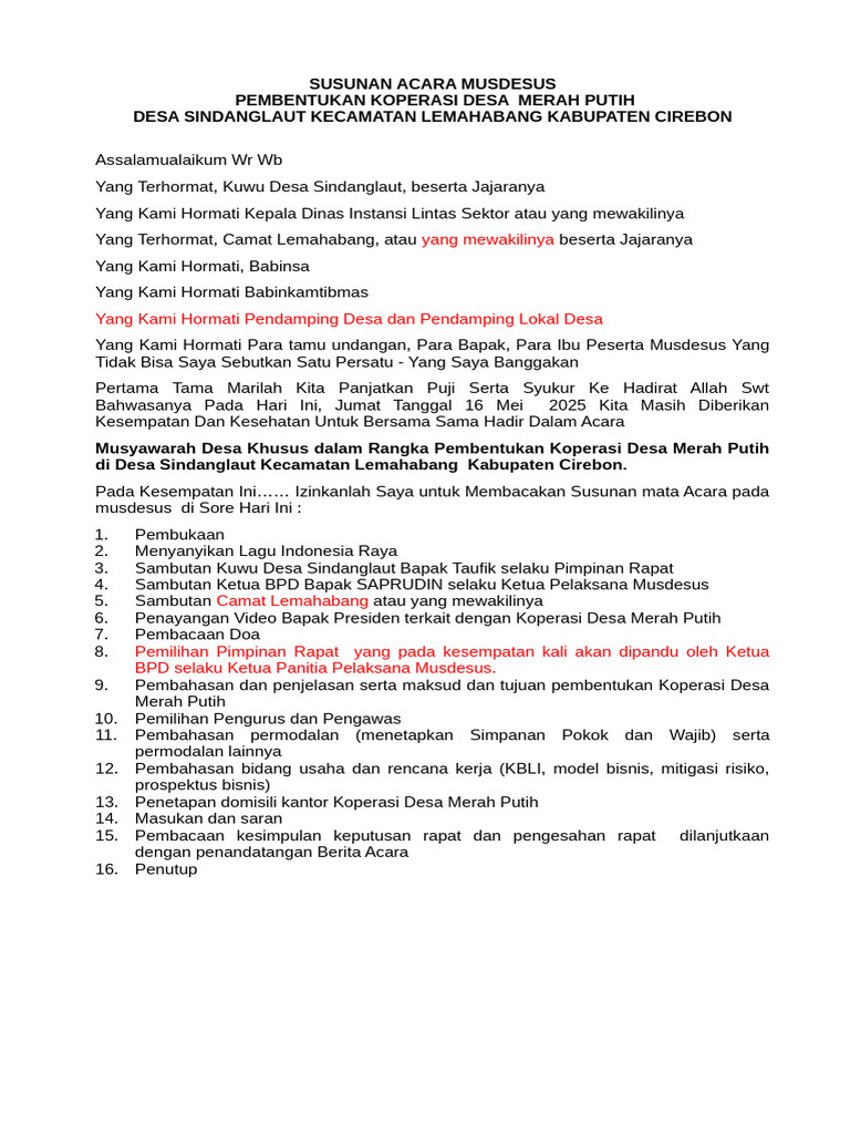 Susunan Acara Musdesus | PDF