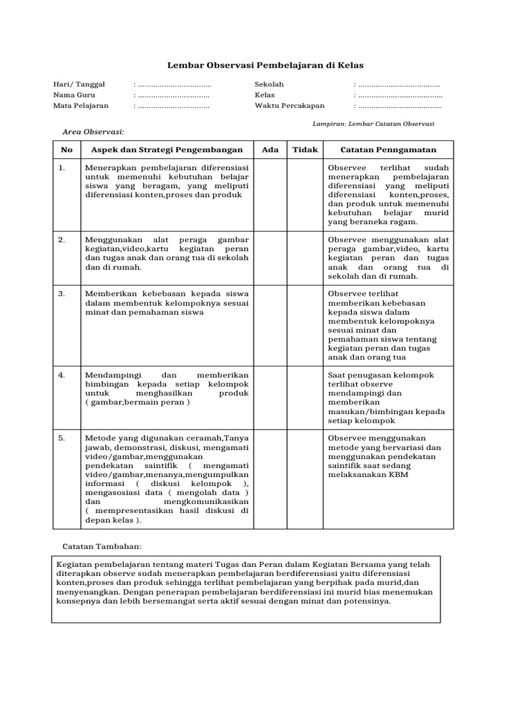 Lembar Observasi Pembelajaran di Kelas | PDF