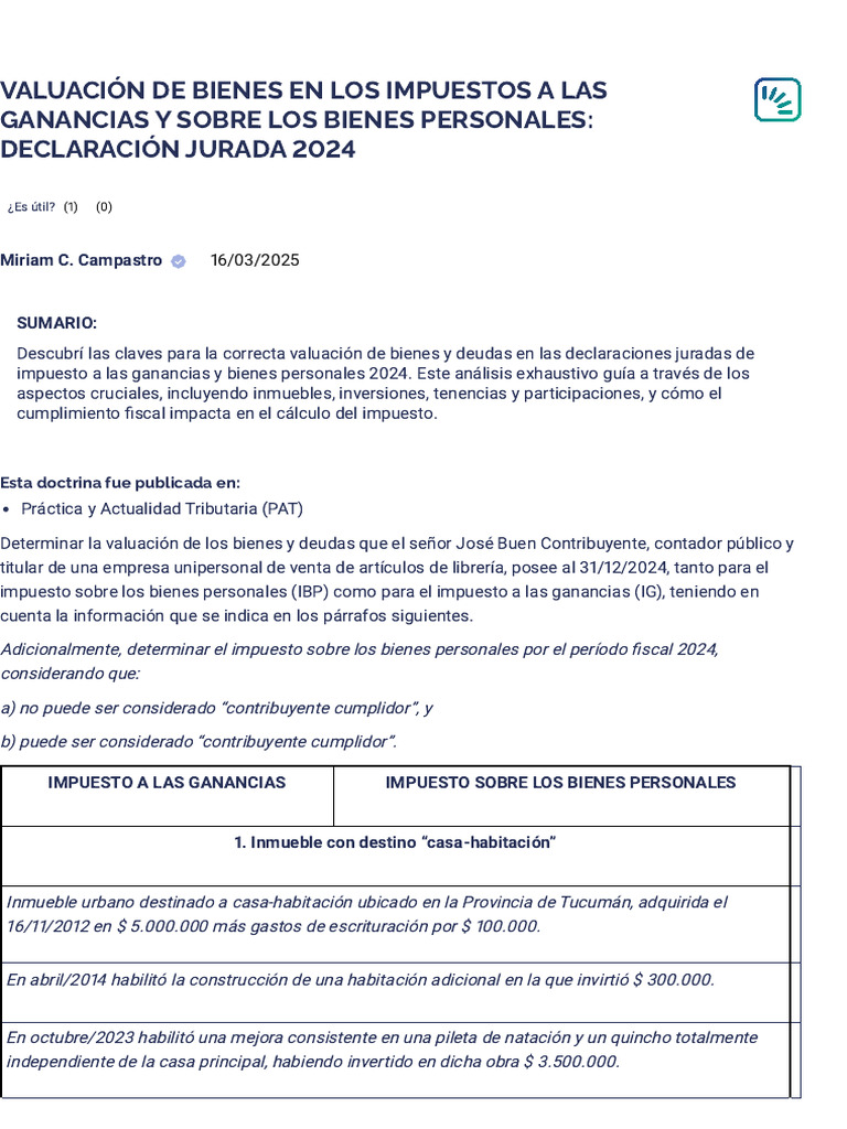 VALUACIÓN DE BIENES EN LOS IMPUESTOS A LAS GANANCIAS Y SOBRE LOS BIENES PERSONALES_ DECLARACIÓN ...