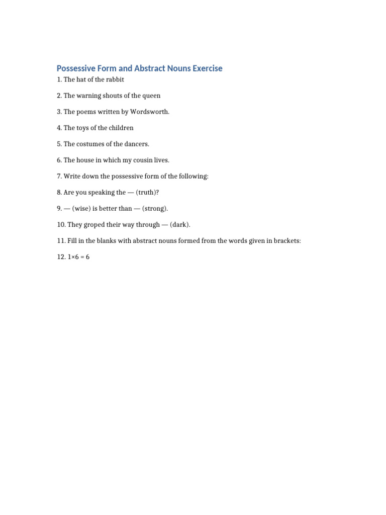 Possessive Form and Abstract Nouns Exercise | PDF
