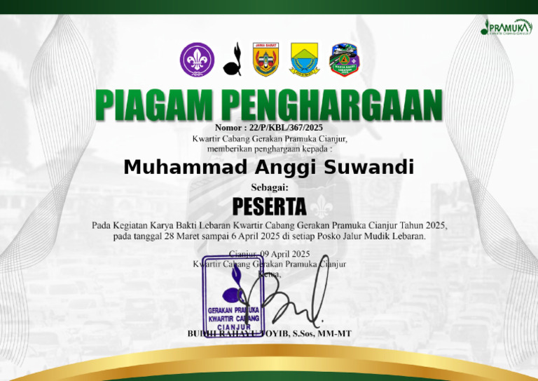 Piagam Penghargaan KBL 2025 Muhammad Anggi Suwandi | PDF