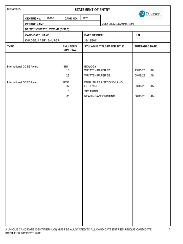 British Council Jeddah (Girls) : Statement of Entry | PDF