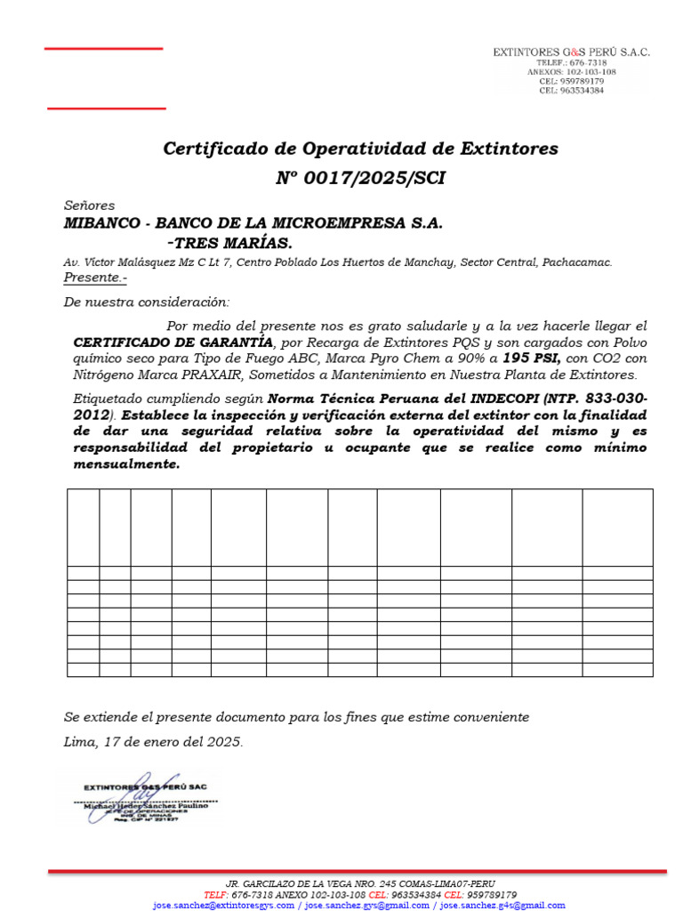 Certificado de Garantia Ag. Tres Marias. 2025 | PDF | Supresión de incendios | Protección activa ...