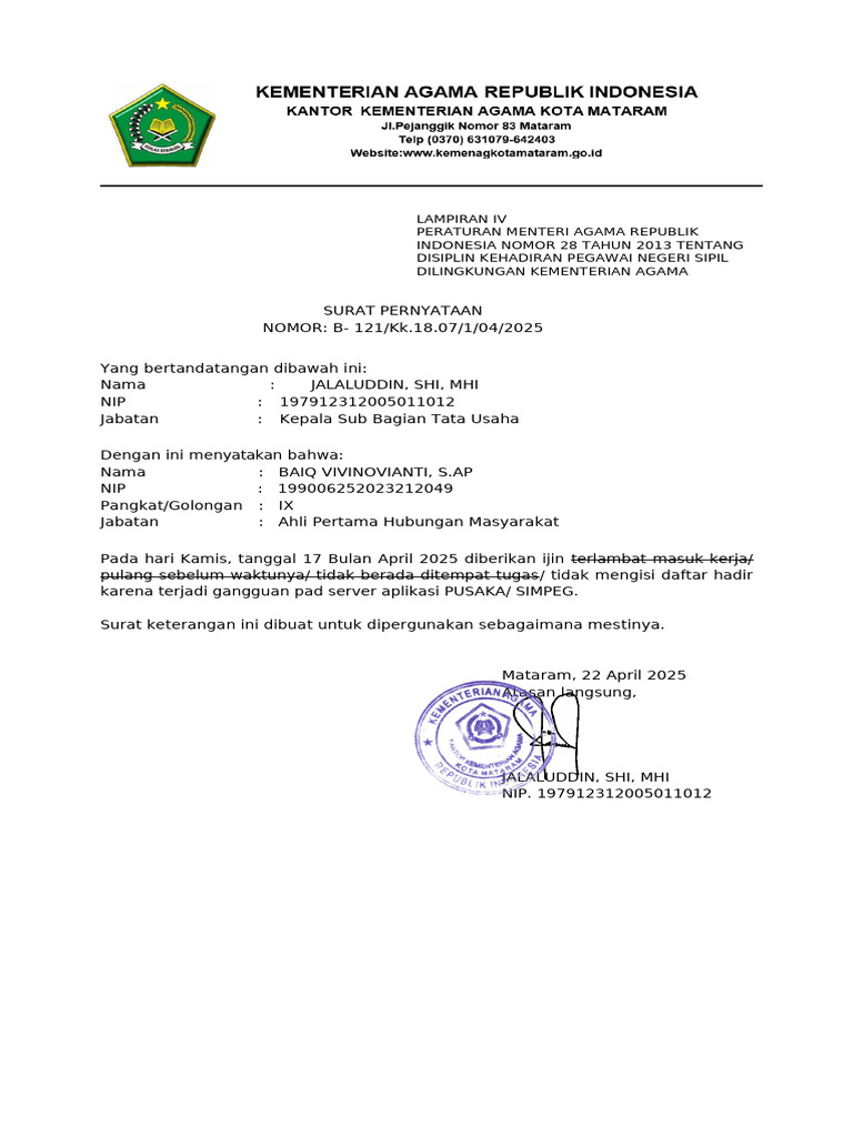 Surat Keterangan Absen PNS 2025 | PDF