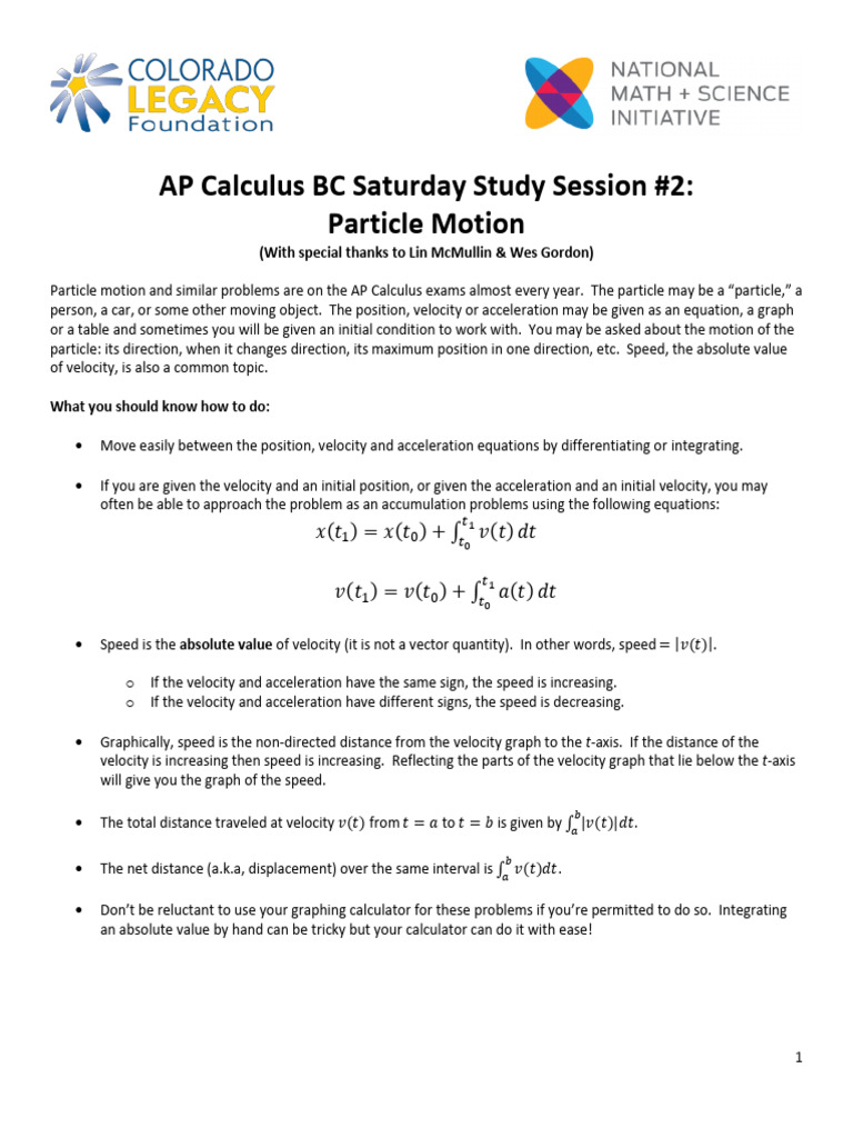 AP Calculus BC: Particle Motion Guide | PDF | Velocity | Acceleration
