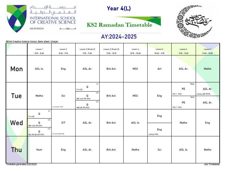 KS2 Year 4 Ramadan Timetable 2024-2025 | PDF