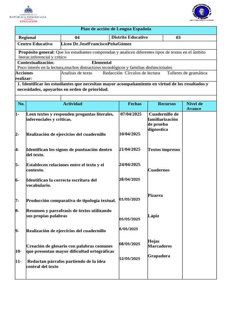 Plan de Acción para Mejora de Lectura | PDF | Aprendizaje | Escritura
