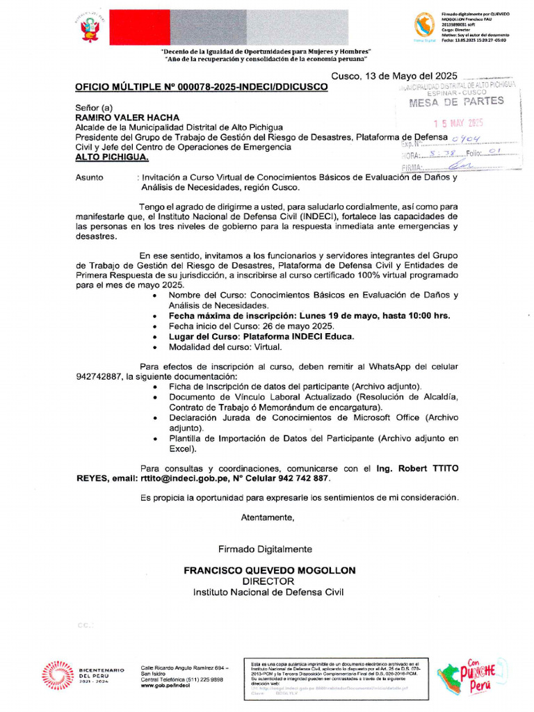 Oficio Mult. N°000078-2025-Indeci-Ddicusco | PDF