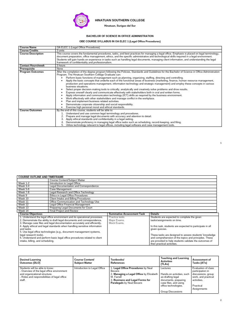 Legal Office Procedures Course Syllabus | PDF | Cognition