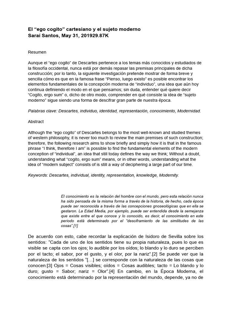 El "Ego Cogito" Cartesiano y El Sujeto Moderno - Saraí Santos | PDF ...