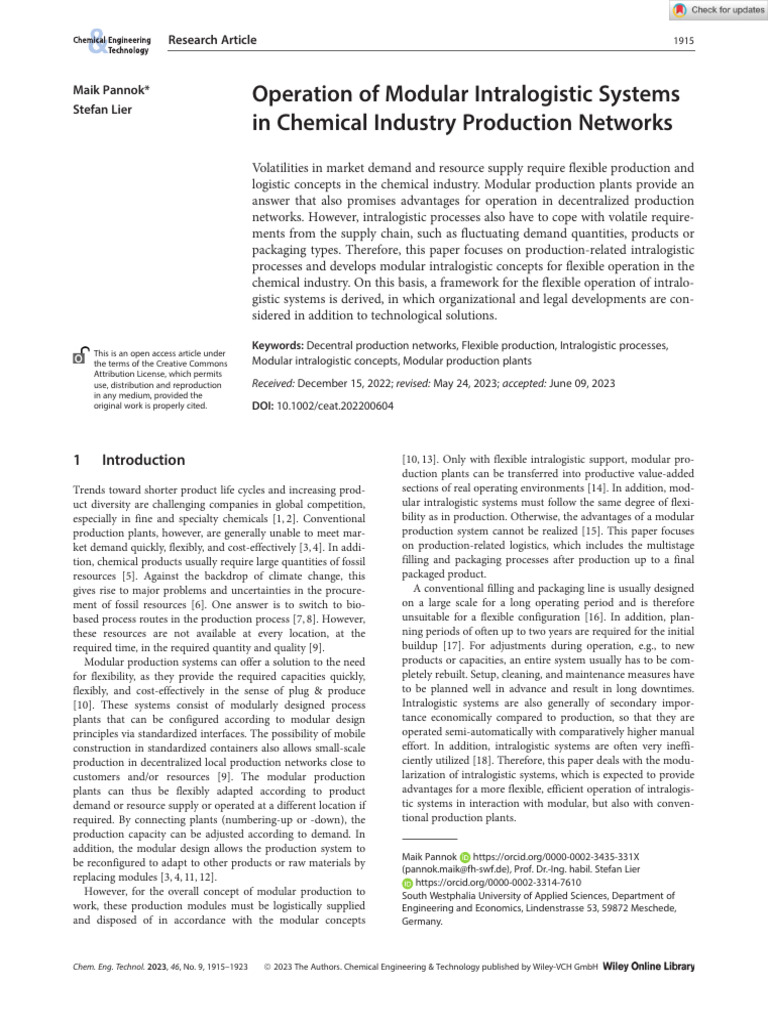 Chem Eng Technol - 2023 - Pannok - Operation of Modular Intralogistic ...