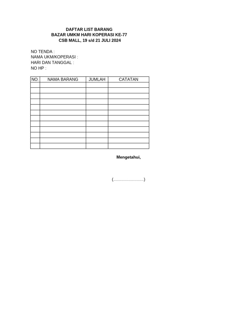 Daftar List Barang Bazar Harkop 2024 | PDF