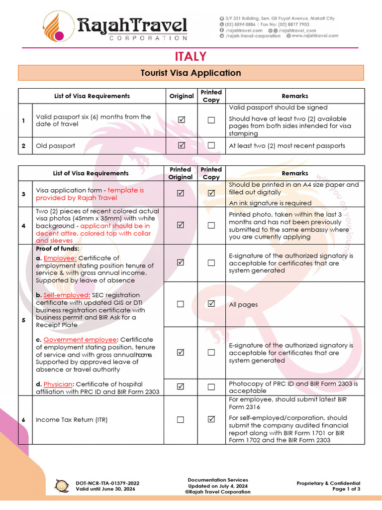 ITALY - Tourist Visa Requirements 070424 | PDF | Travel Visa | Identity ...