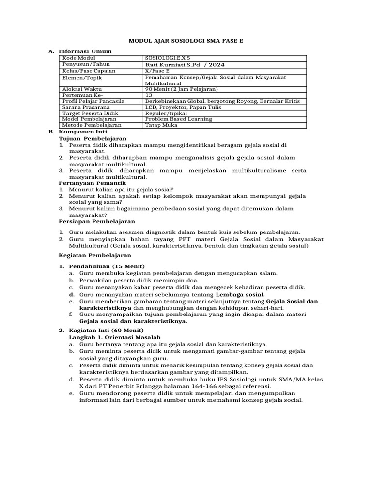 Modul Ajar Bab 5 Sosiologi Sma Fase e Kelas X | PDF