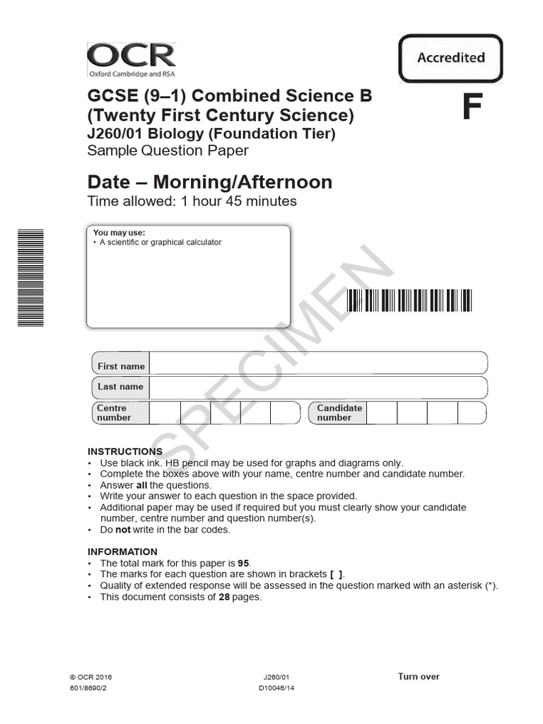 Specimen QP Paper 1 F OCR B Science GCSE | PDF | Genetics | Infection