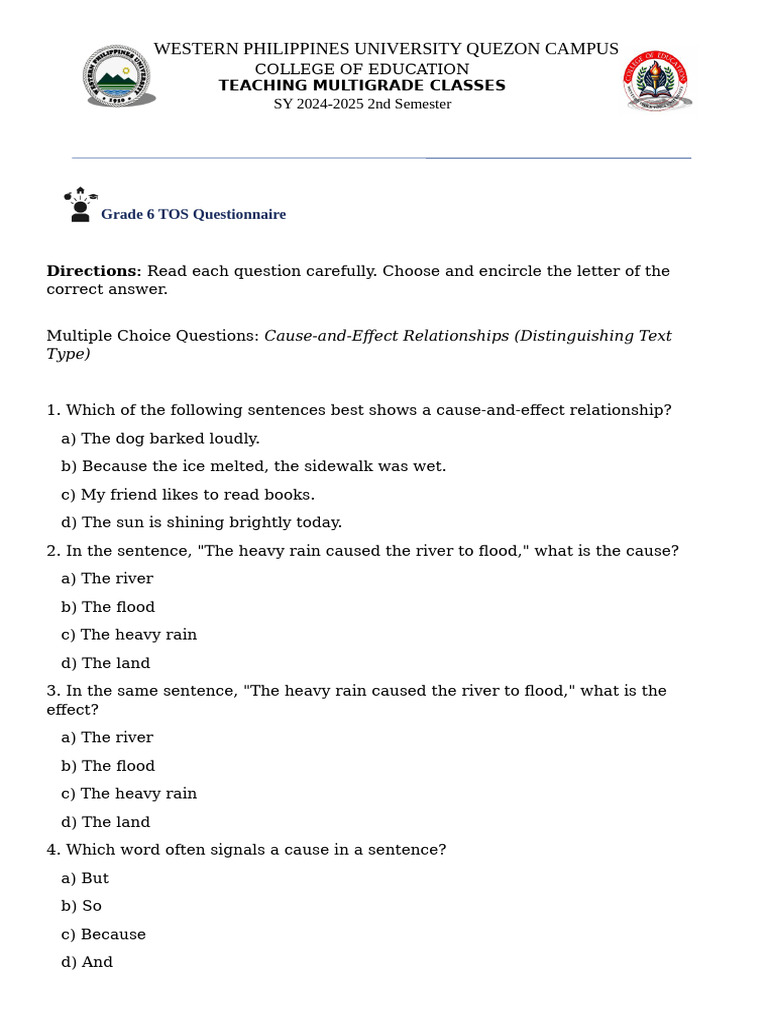 Grade 6 TOS Questionnaire | PDF | Causality | Cognition