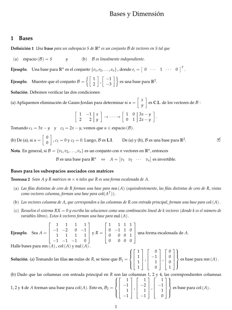 Bases y Dimensiones en Álgebra Lineal | PDF | Base (álgebra lineal ...