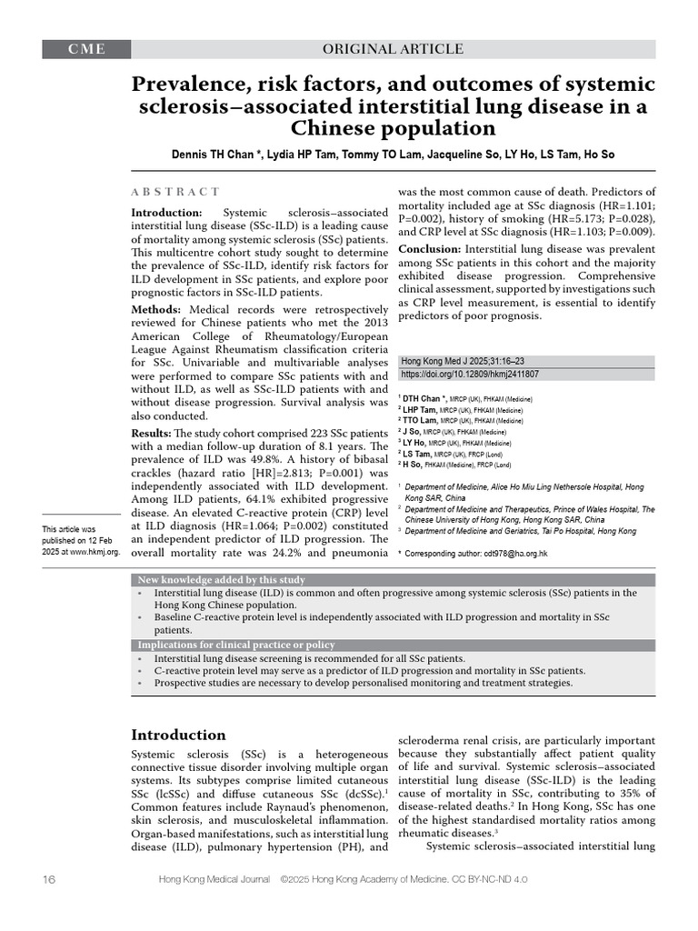 Prevalence, Risk Factors, and Outcomes of Systemic Sclerosis Associated Interstitial Lung ...