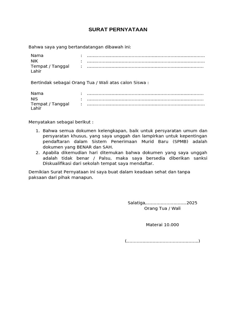 Surat Pernyataan SPMB | PDF