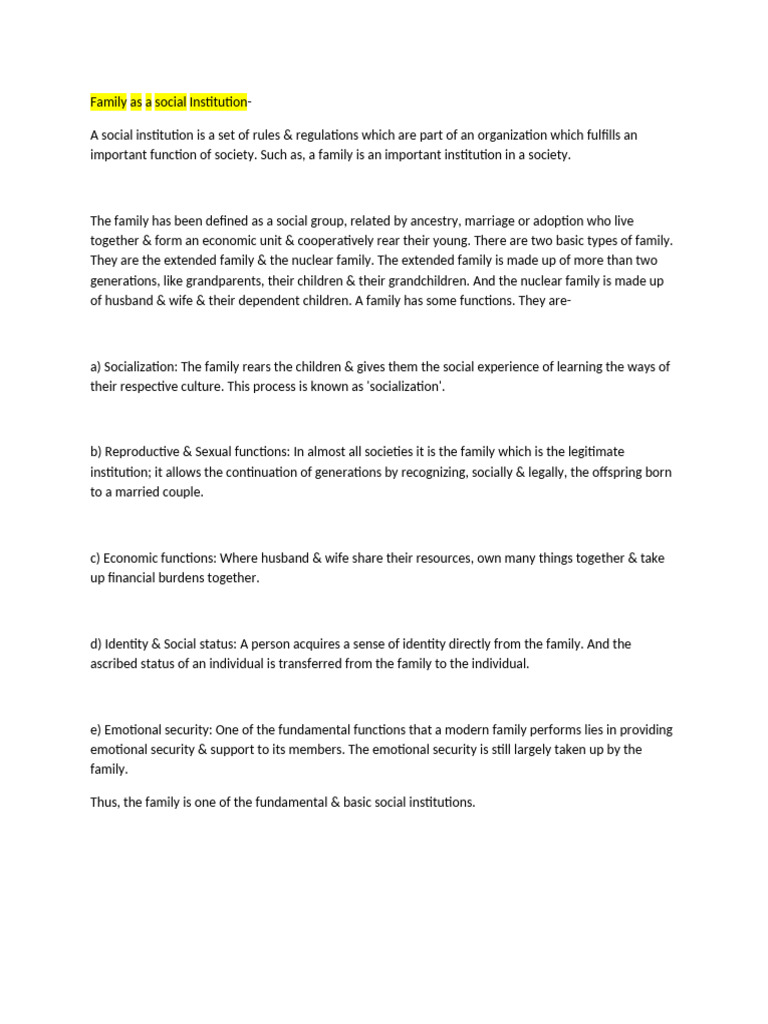 Family as social Institution | PDF