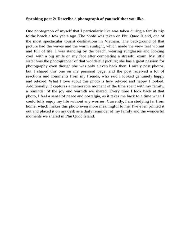 Speaking Part 2 Describe A Photograph of Yourself That You Like. | PDF