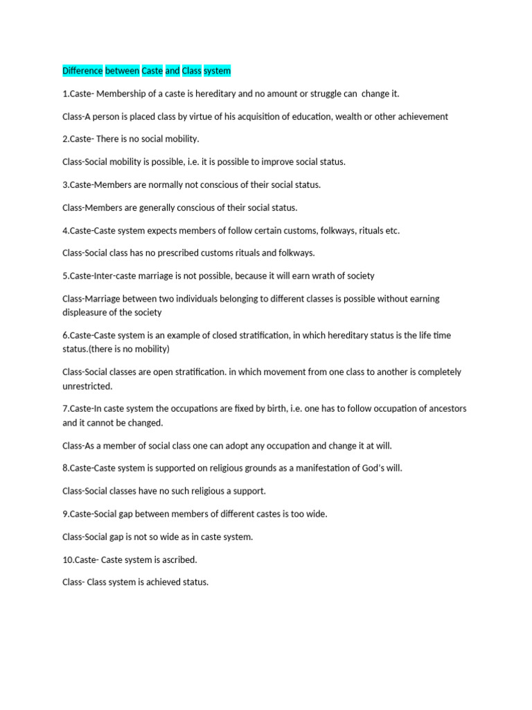 Caste and Class (Differences) | PDF