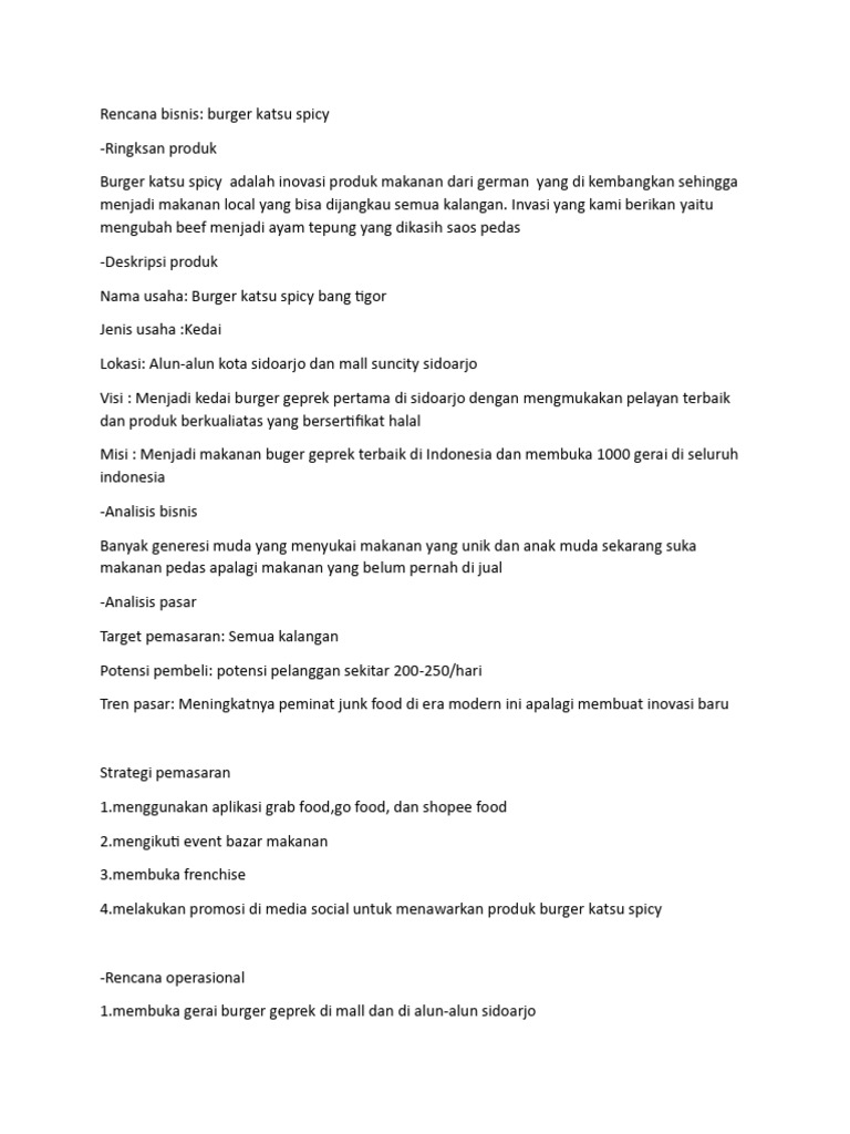 Rencana bisnis burger katsu spicy | PDF