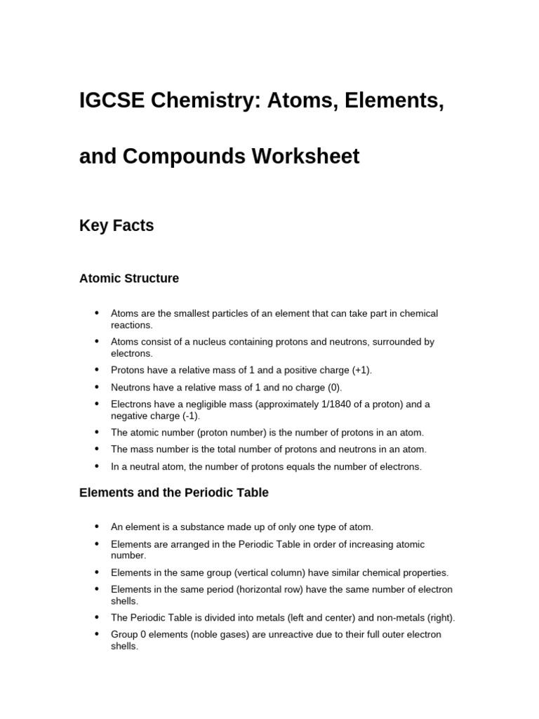 IGCSE Atoms, Elements, and Compounds Worksheet | PDF | Atoms | Periodic ...